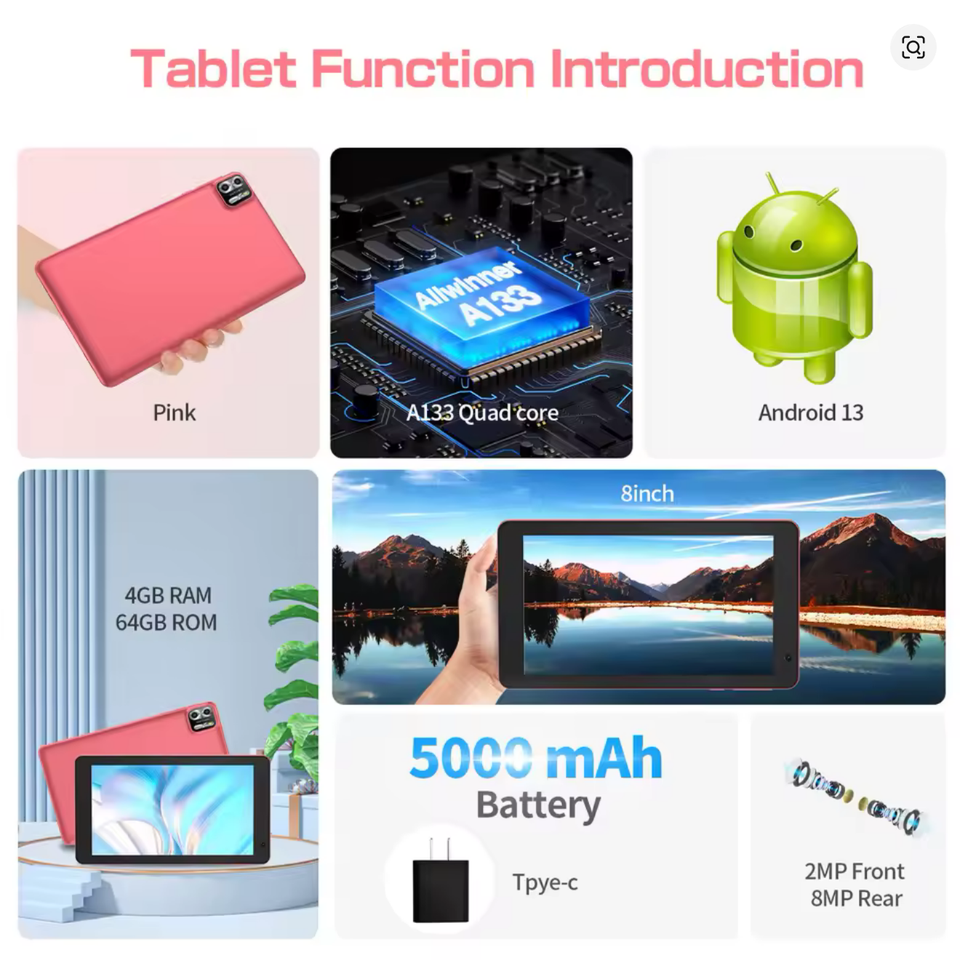 NEW Andriod 8 inch Tablet 13 PC Quad Core 8GB+64GB Pad 5000mAh Wifi ...