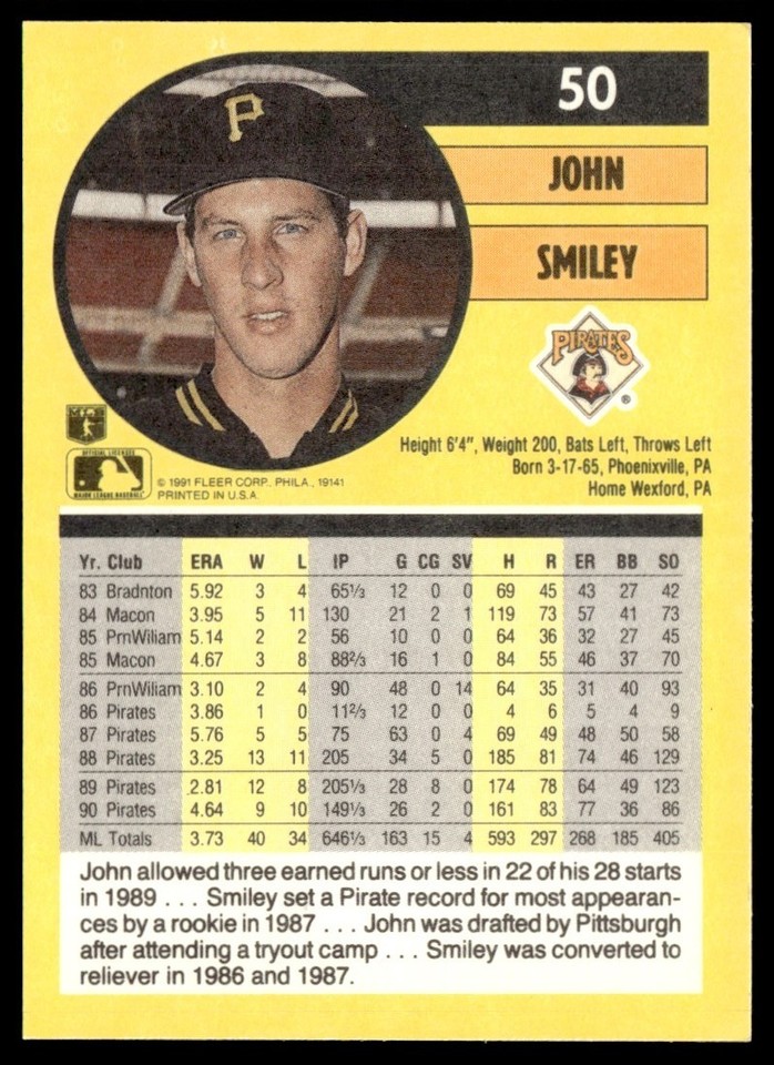 1991 Fleer John Smiley Pittsburgh Pirates #50 | eBay