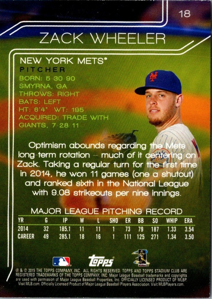 2015 Stadium Club Zack Wheeler #18 New York Mets Baseball Card | eBay