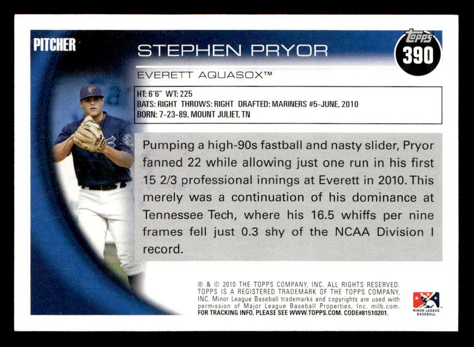 Stephen Pryor signed auto 2010 Topps Pro Debut #390 card | eBay
