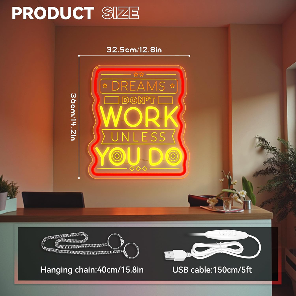 Neon Sign, "DREAMS DON'T WORK UNLESS YOU DO" Neon Signs for Wall Decor ...