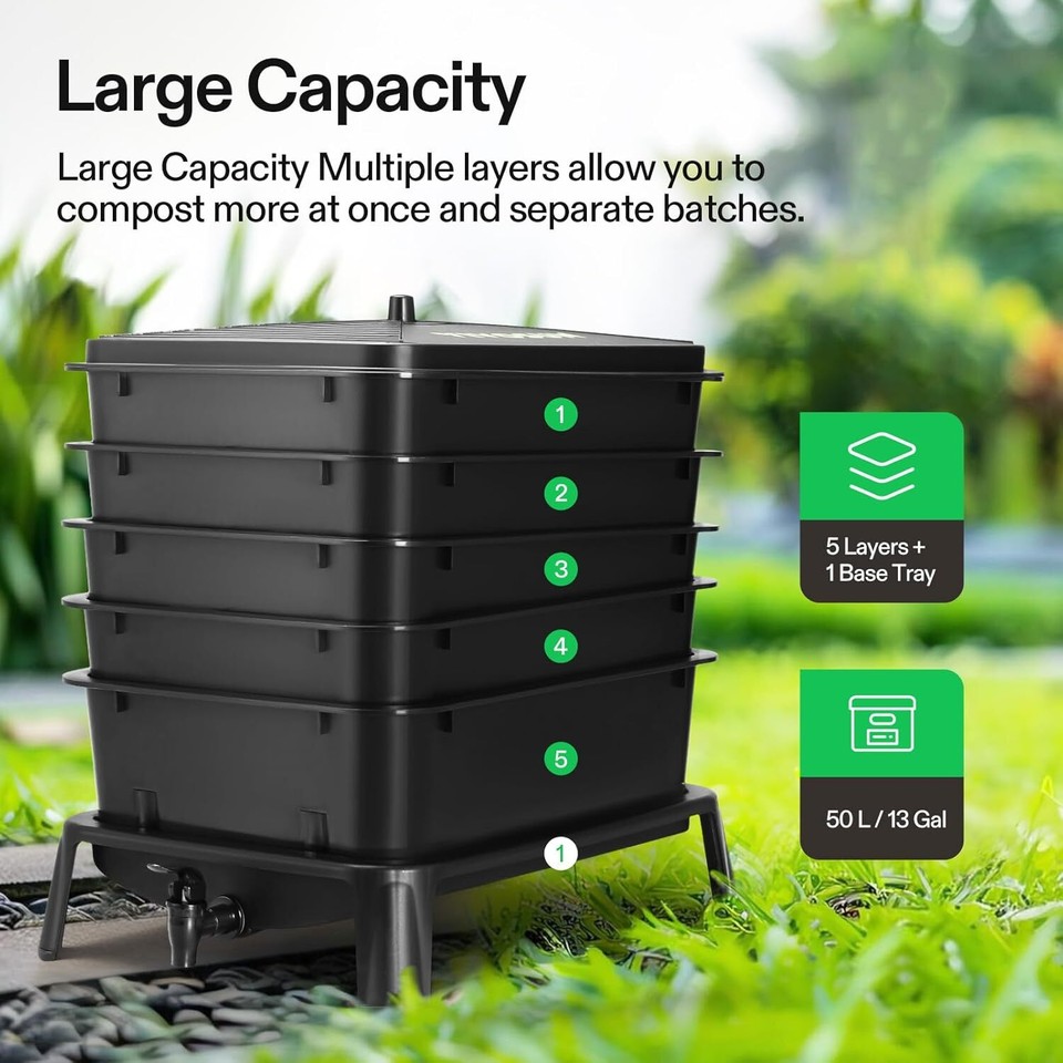 VIVOSUN 5-Tray Worm Composter 13gal/50 L Worm Compost Bin w/ Worm Farm ...