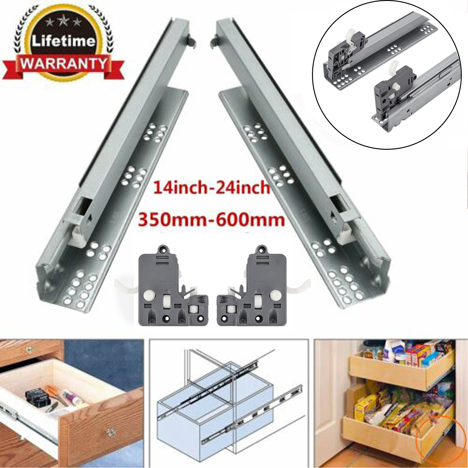 Soft Close Drawer Runners Slide Concealed Undermount Rails Glides Full ...