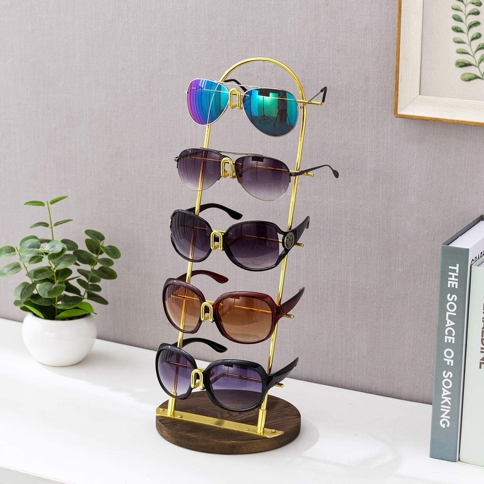Modern 5-Tier Gold Metal Sunglasses Display Stand with Brown Wood Base ...