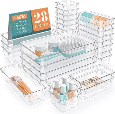 28 PCS Clear Plastic Drawer Organizer Set,4 Sizes Desk Drawer Divider ...