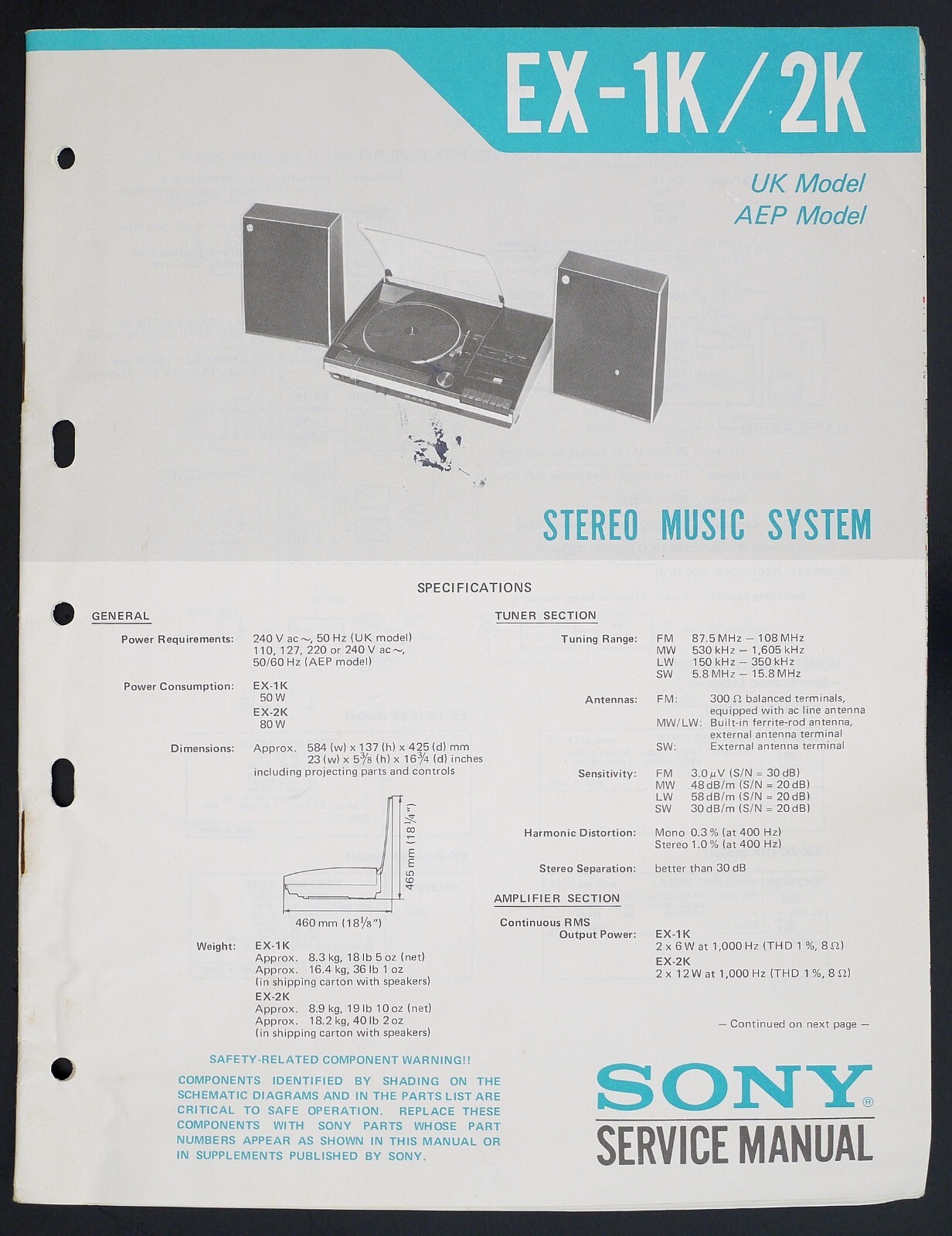Original SONY EX-1K/2K Stereo Music System Service-Manual/Diagram/Part ...