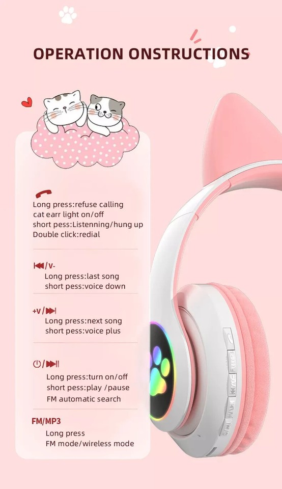 AKS-28 Wireless Over-Ear Headset with Cute Pink Cat Ear Design -Great ...