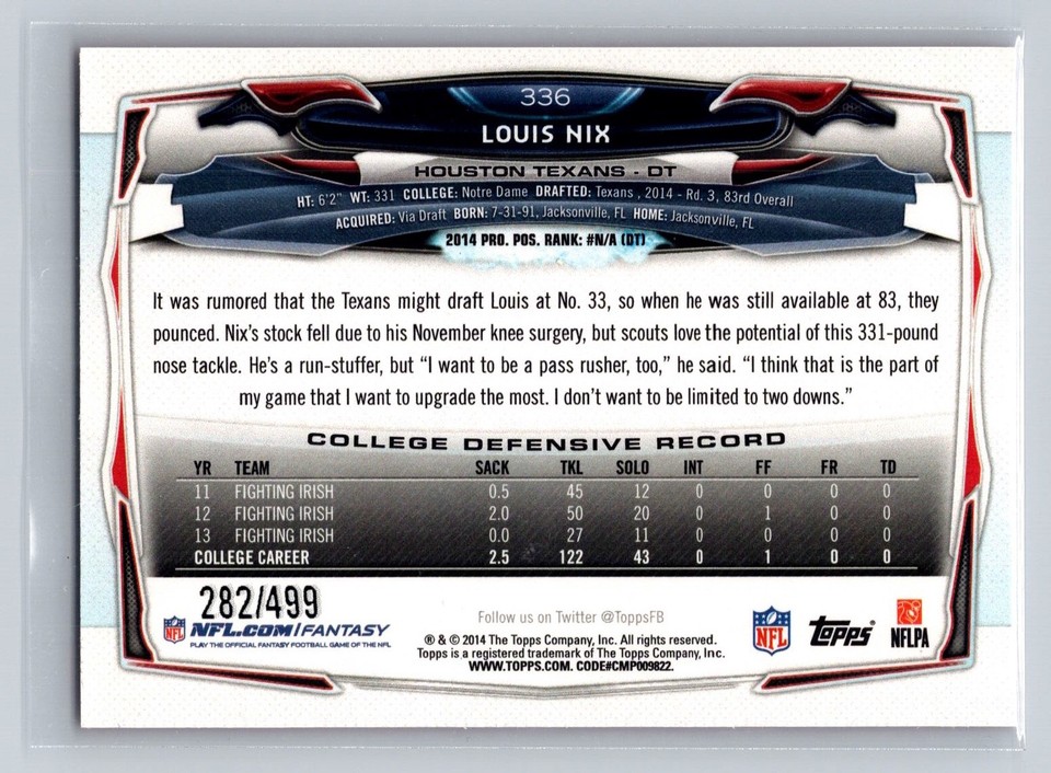 2014 Topps #336 Louis Nix Pink Parallel 282/499 Texans Notre Dame NM-MT ...