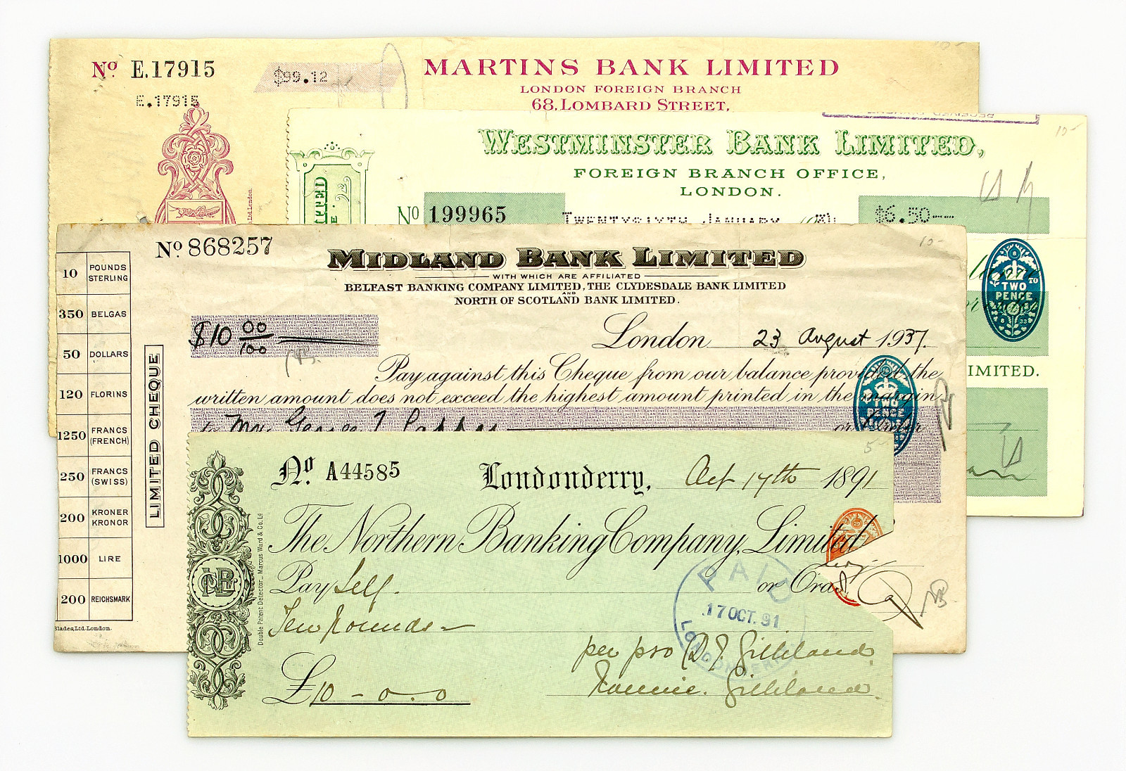 4 diff. old 1890's-1970's 3 UK Great Britain 1 Canada bank checks used ...