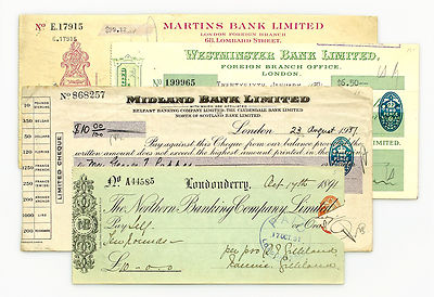 4 diff. old 1890's-1970's 3 UK Great Britain 1 Canada bank checks used ...