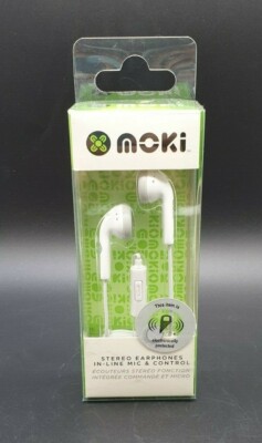 New Sealed Moki Brand White In Line Mic With Control Stereo Earphones ...