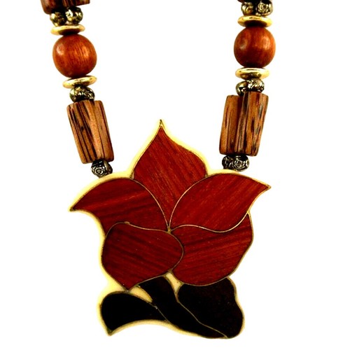 Chunky Wood Bead Necklace Large Inlay Flower Small Round Multi Strand ...