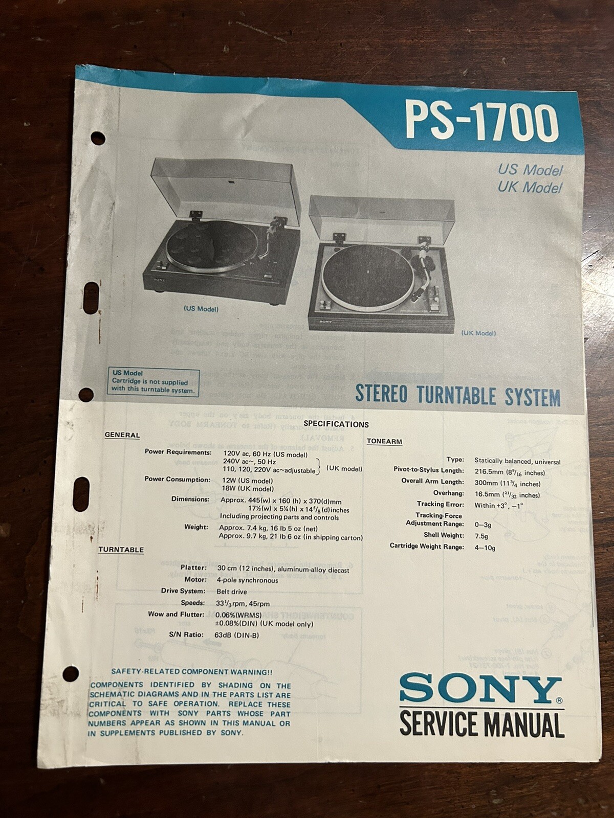 Sony PS-1700 Stereo Turntable USA Model Service Manual OEM Vintage ...
