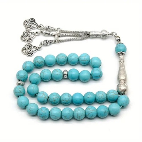 Blue Turquoise Stone Islamic Prayer Beads, 33 Beads Tasbih 10mm ...