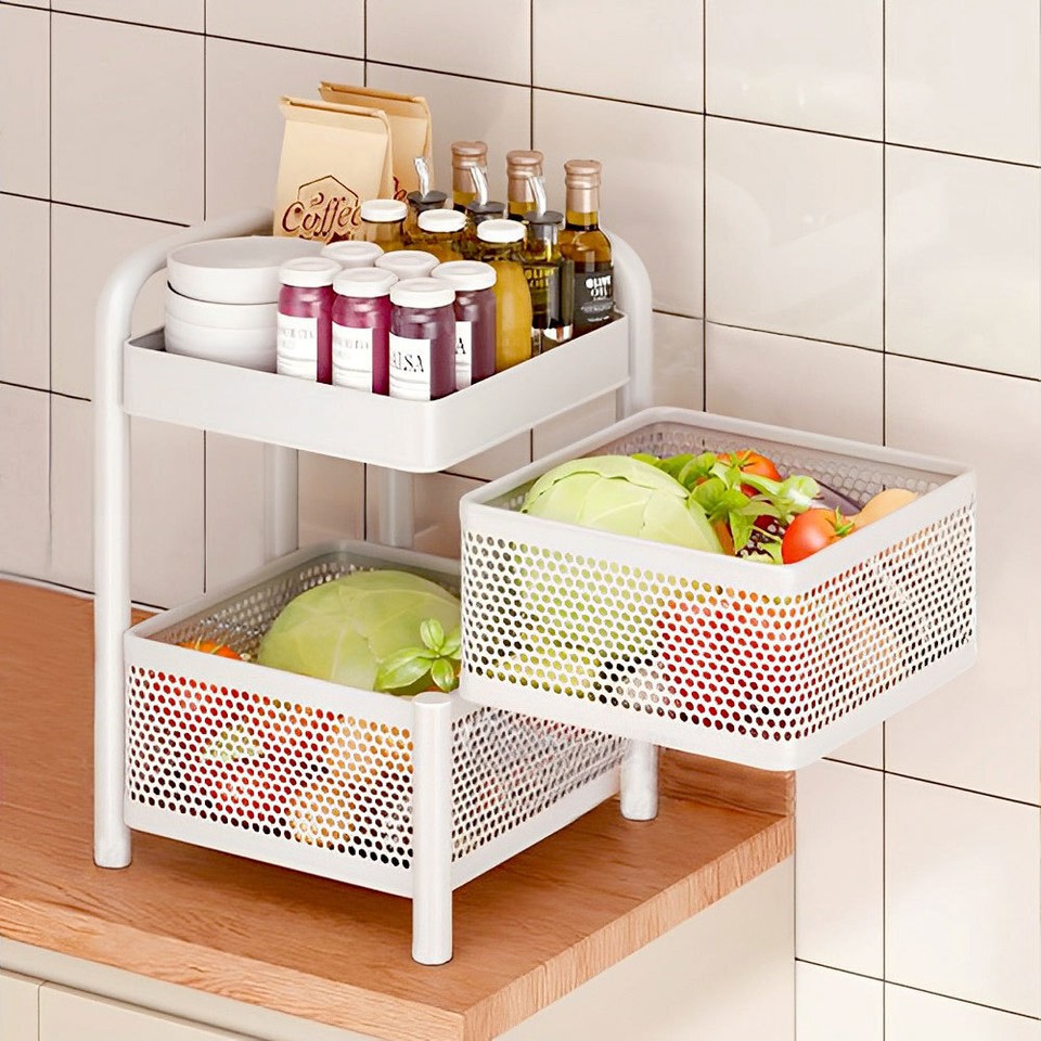 Metal Rotating Basket Rack Kitchen Storage Shelf Fruit Vegetable Holder ...