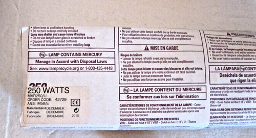 2 x GE 250w Multi-Vapor Metal Halide Lamps MVR250/U Light Bulbs USA ...