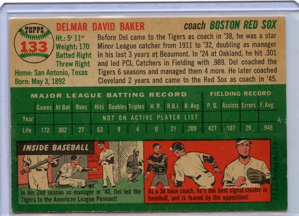 1954 Topps Del Baker Boston Red Sox #133 🚀😳💥 EX/EX+ | eBay
