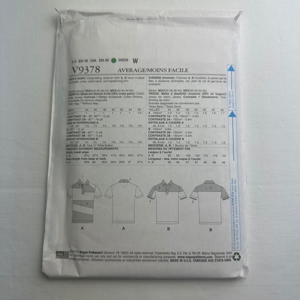 Vogue V9378 Ron Collins Mens Polo Shirt Uncut Sewing Pattern Size 40 42 ...