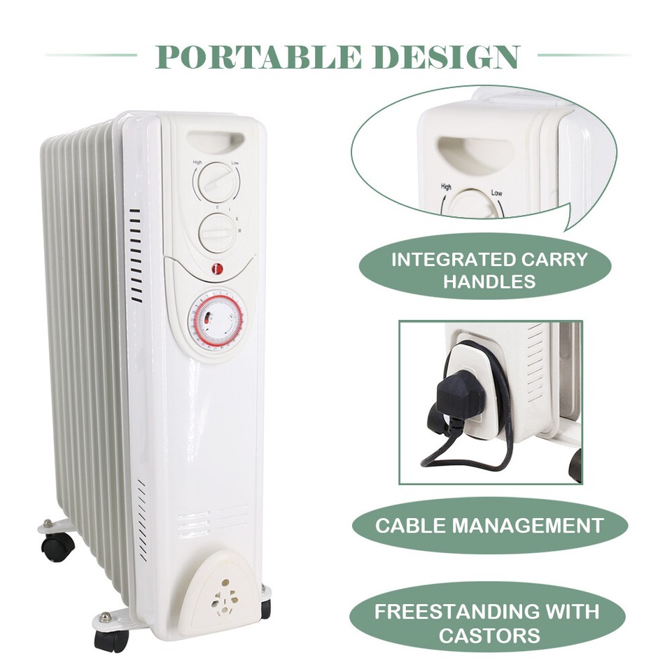 Electric Oil Filled Radiator Portable Heater Convector Adjustable ...