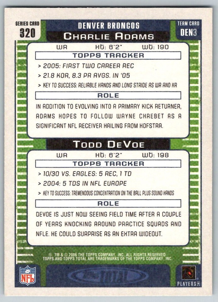 2006 TOPPS TOTAL TODD DEVOE/CHARLIE ADAMS DENVER BRONCOS #320 | eBay