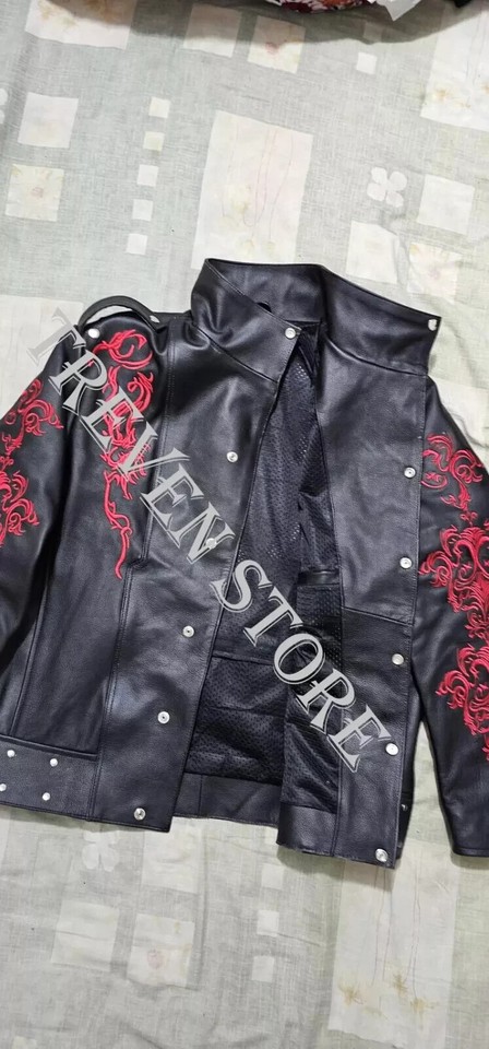 Gothic Dragon Leather Jacket - Black with Red Embroidery, Steampunk ...
