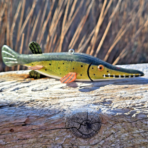 SIGNED 2003 "C.M. Chuck Meldrum" Northern Pike Fish Decoy Folk Art Lure ...