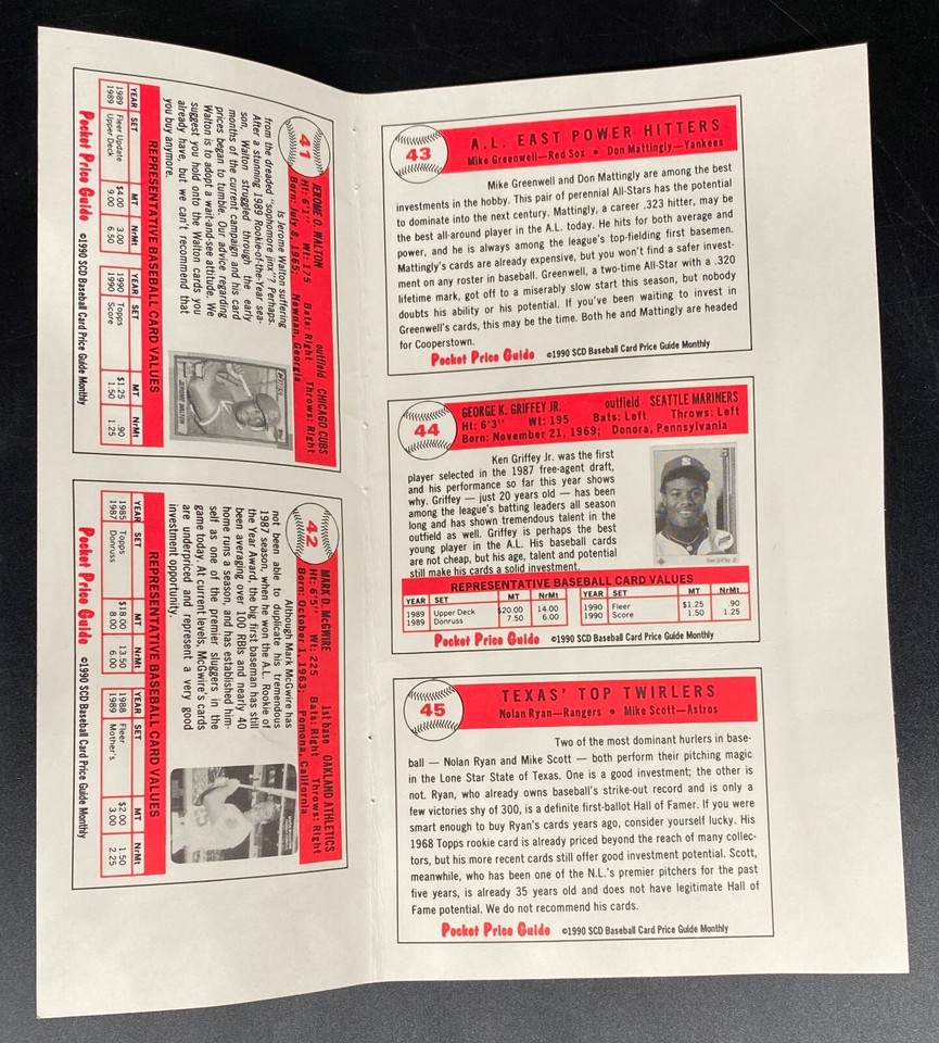 McGwire Griffey Nolan Ryan SCD Baseball 1990 Pocket Price Guide Uncut ...