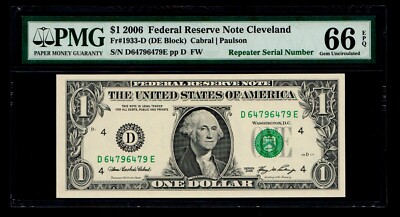 Repeater Serial Number 2006 $1 Federal Reserve Note Cleveland PMG GEM ...