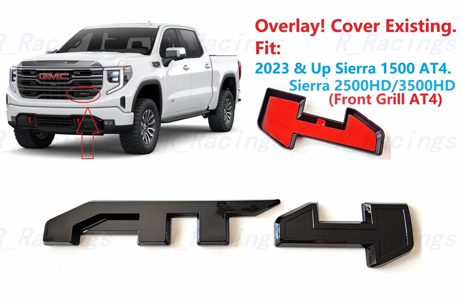 Front Grill Gloss Black AT4 OVERLAY Emblem 2023+ GMC Sierra 1500 2500HD ...