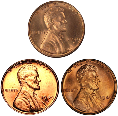 {3 Coin Set} 1949 P/D/S Lincoln Wheat Cent Choice GEM BU 1c ...