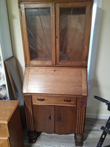 Oak Secretary Desk Lead glass Windows Vintage. Very Nice Piece | eBay