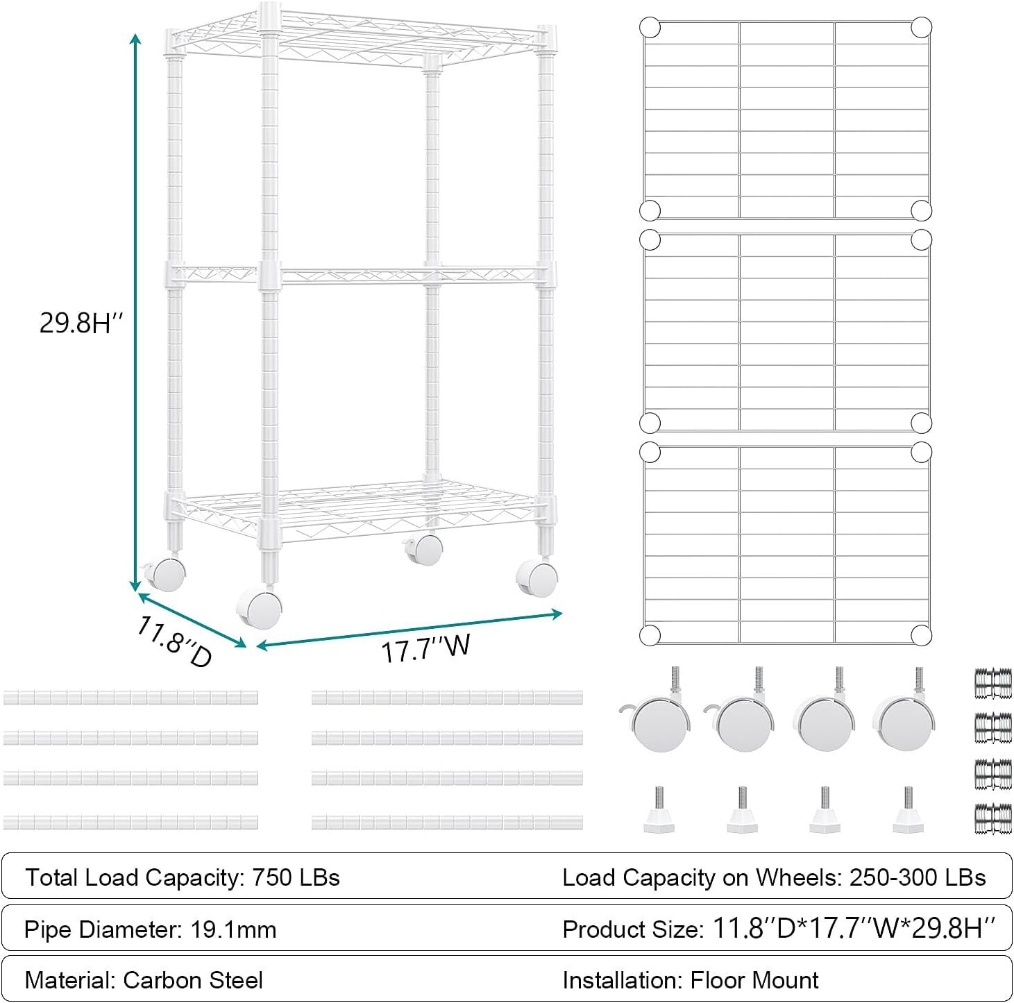 3-Tier Adjustable Wire Shelving Rack with Wheel Commercial Kitchen ...