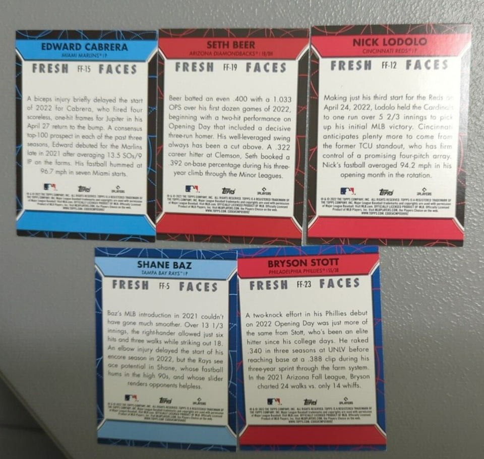 2022 Topps FRESH FACES Lot of 5; Lodolo, Stott, Baz, Beer, Cabrera | eBay