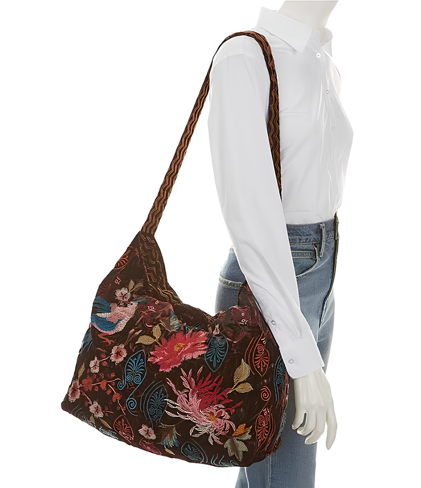 Johnny Was Ashira Velvet Tote Bag Floral Bird Tiger Eye Brown Handbag ...