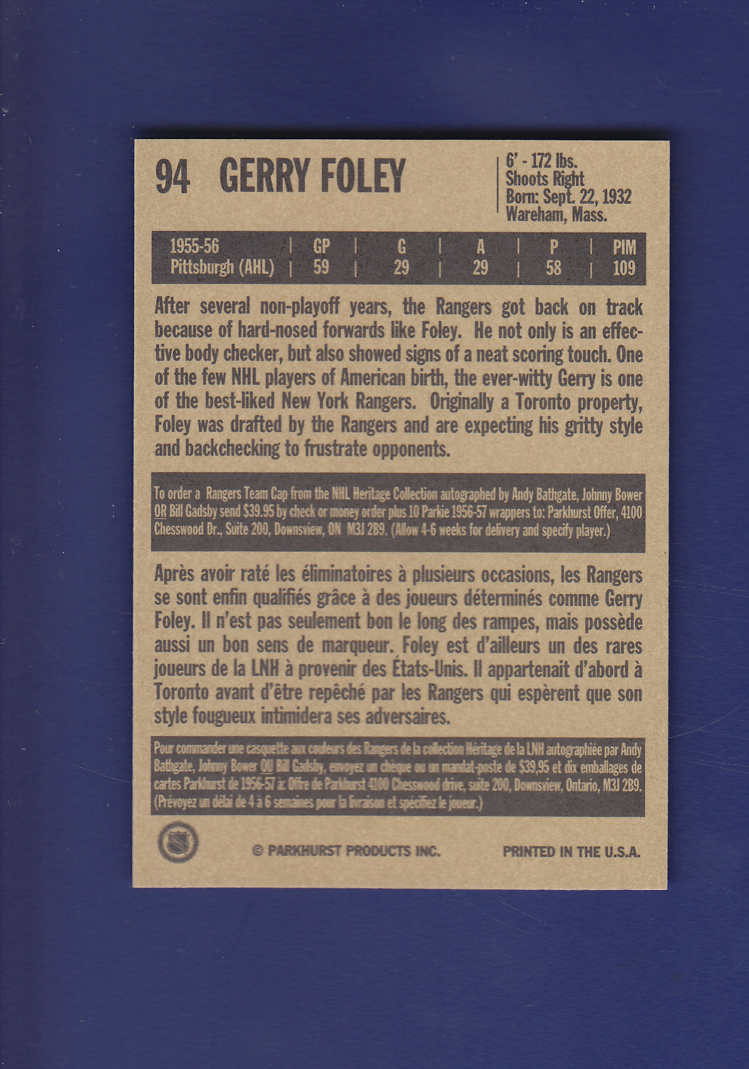 Gerry Foley 1994-95 Parkhurst Hockey 1956-57 Parkies #94 (MINT) New ...