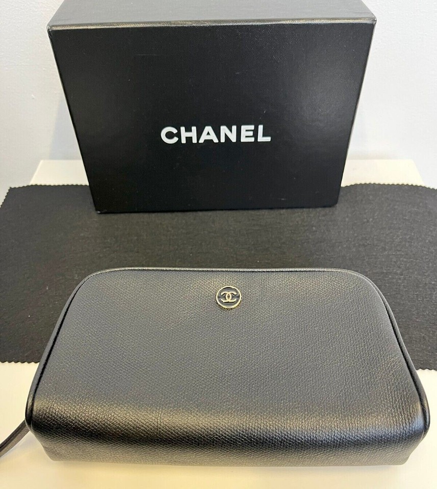 CHANEL - Black Button Leather Cosmetic/Makeup/Toiletry Pouch/Bag with ...