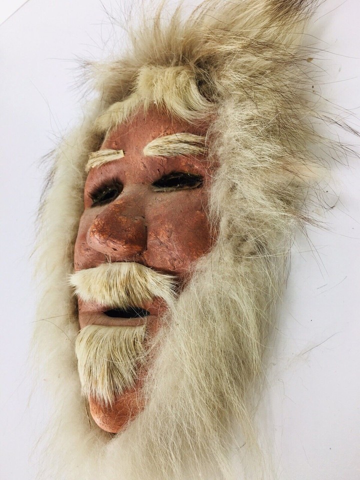 Vintage Folk Art Alaskan Caribou Skin Fur Mask Eskimo Inuit Man & Woman ...