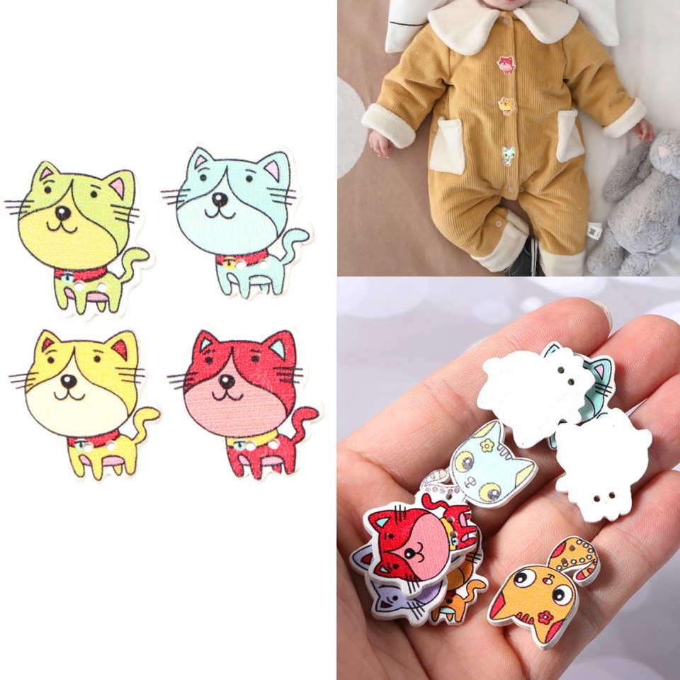 50pcs Cartoon Little Cat Pattern Wooden Buttons 2 Holes Wood Buttons ...
