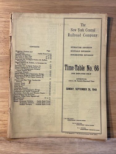1948 NEW YORK CENTRAL RAILROAD TIMETABLE No. 66 Syracuse & Buffalo ...