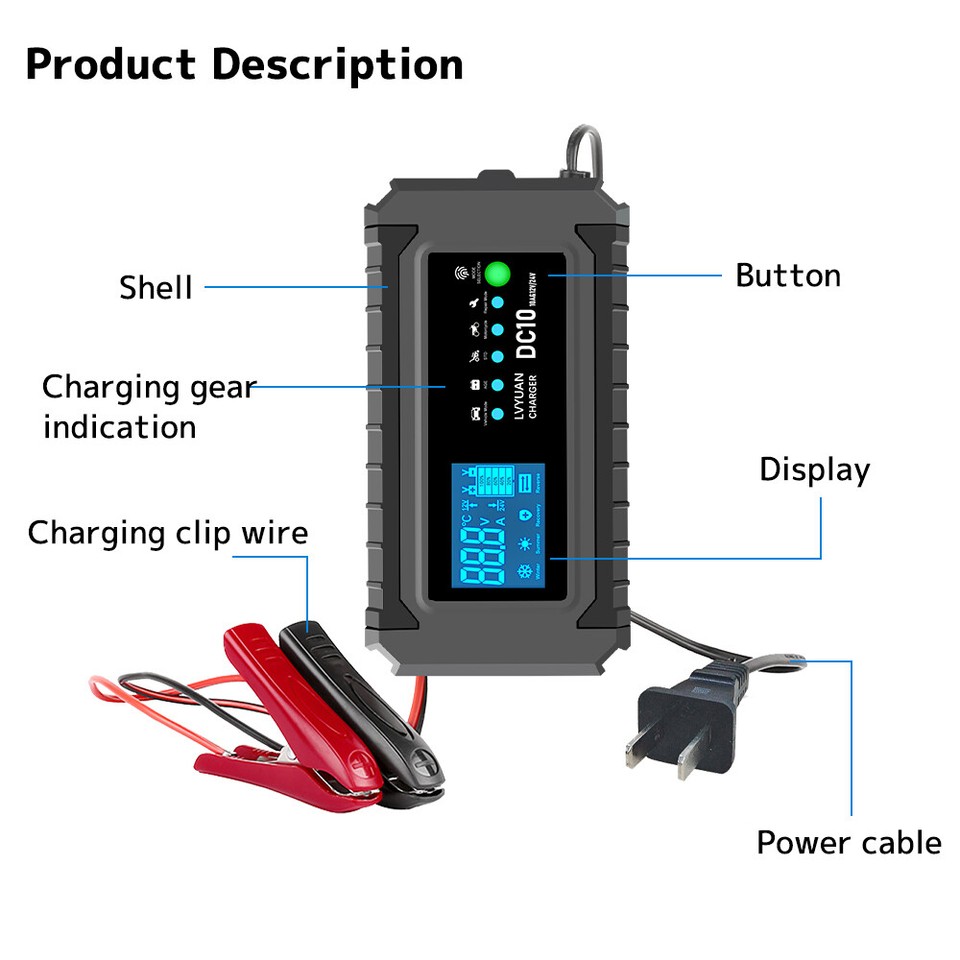 12V/24V 10A Car Automatic Battery Charger AGM GEL Intelligent Pulse ...