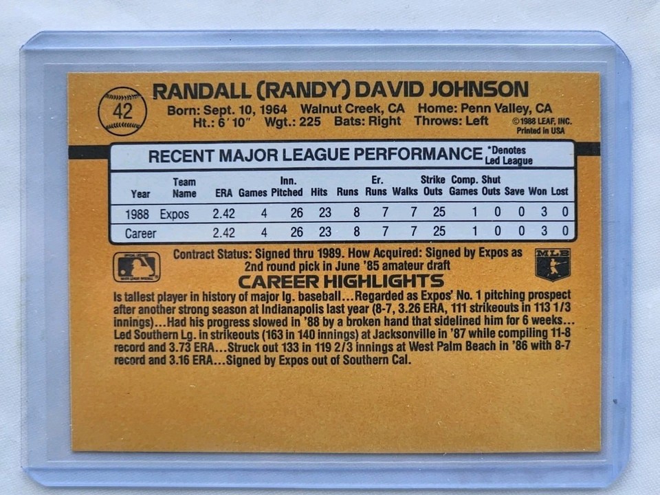 Randy Johnson, 1989 Don Russ "Rated Rookie" card. Multiple errors! RARE ...