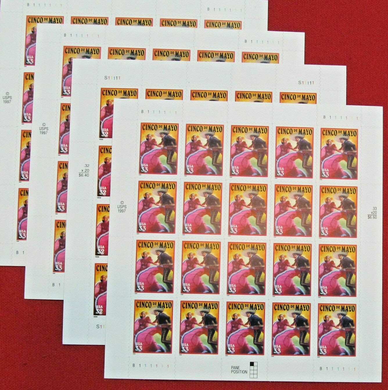 Four Sheets Panes x 20 = 80 of CINCO DE MAYO 33¢ US Postage Stamps USA ...