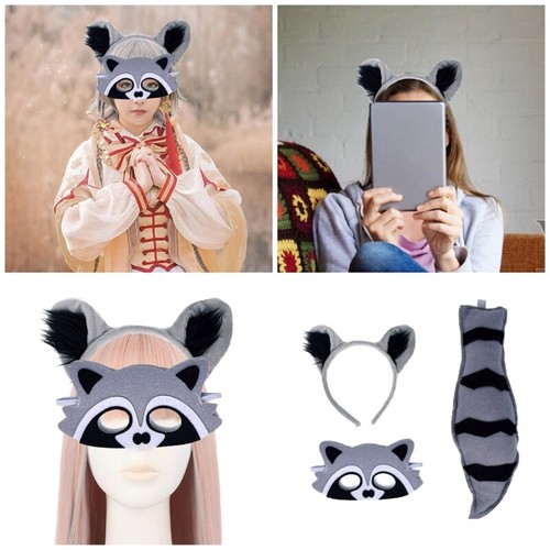 Animal Costume Raccoon Ears Headband Tail Mask for Halloween Cosplay ...