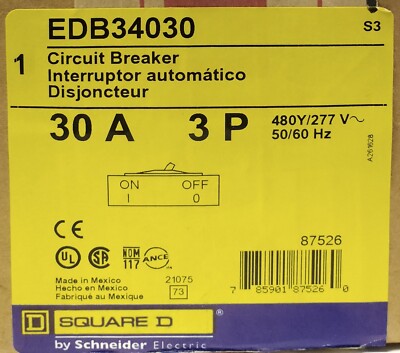 SQUARE D EDB34030 3 Pole 30 AMP Type EDB Circuit Breaker 277 480 VAC | eBay