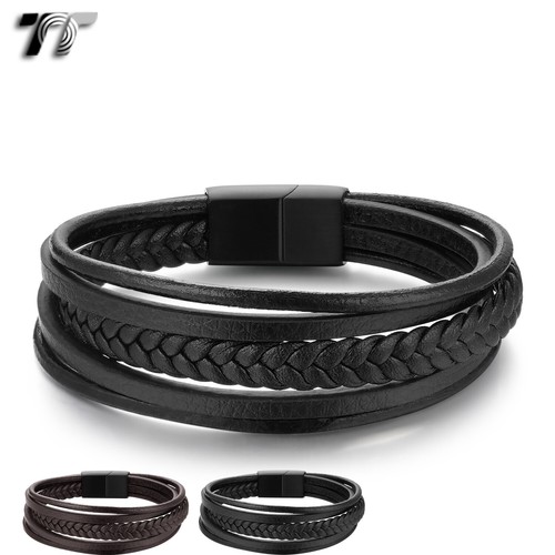 TT Brown/Black Leather 316L S.Steel Magnet Black Buckle Bracelet ...