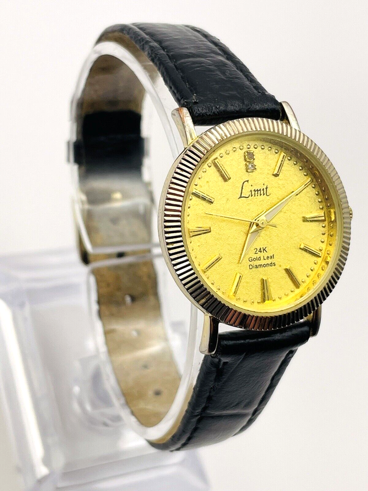 Vintage Limit Ladies 24k Gold Leaf 2 Diamonds Watch Leather Strap | eBay UK