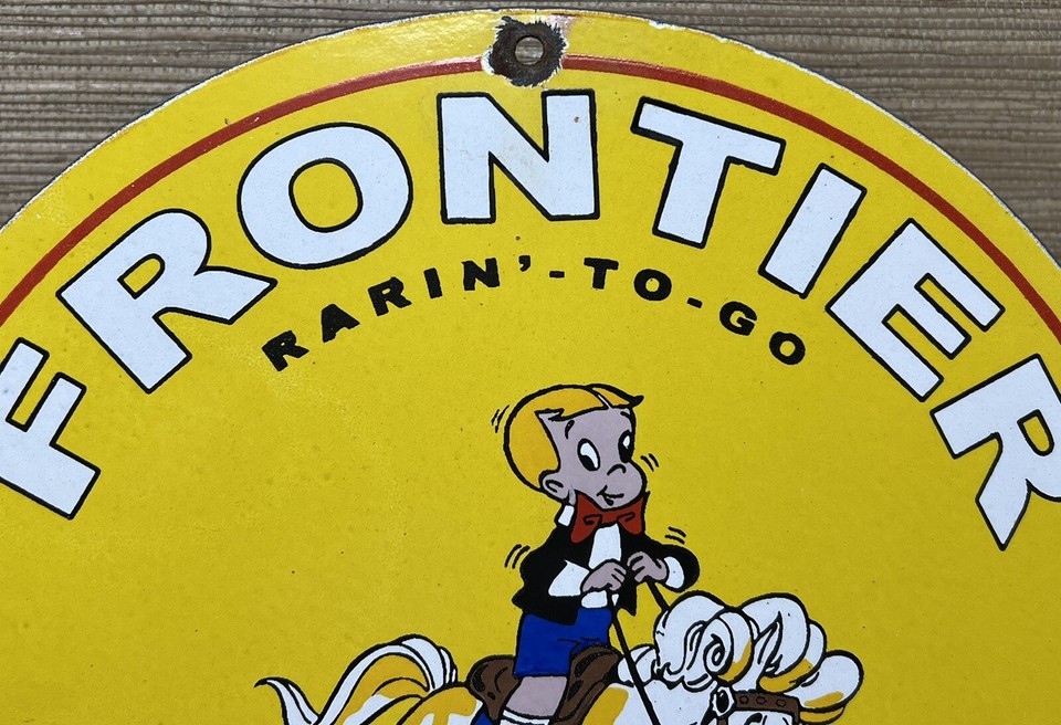 VINTAGE FRONTIER GASOLINE PORCELAIN SIGN GAS STATION MOTOR OIL RARIN ...