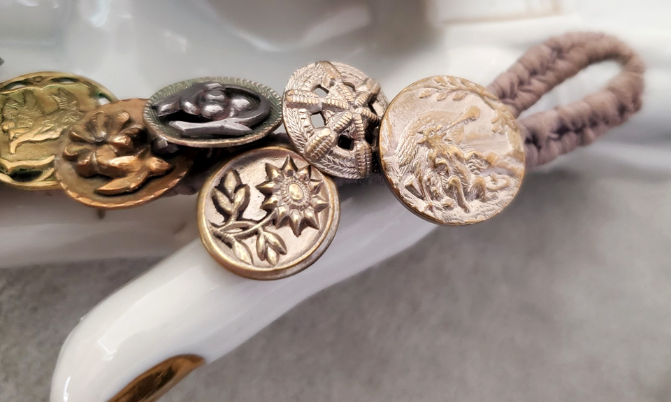 Antique Victorian Button Charm String Bracelet Cut Steel Angel Stork ...