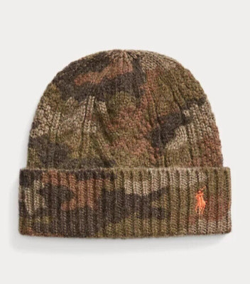 Men's $88 POLO-RALPH LAUREN Camo Cuffed ARAN Knit Wool PONY Hat (Beanie ...