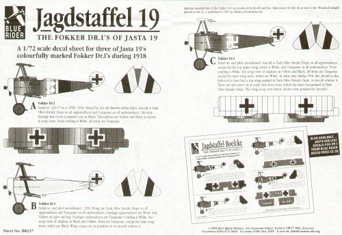 BLUE RIDER BR-237 WWI 1/72 decals FOKKER DR.Is in JASTA 19 | eBay UK